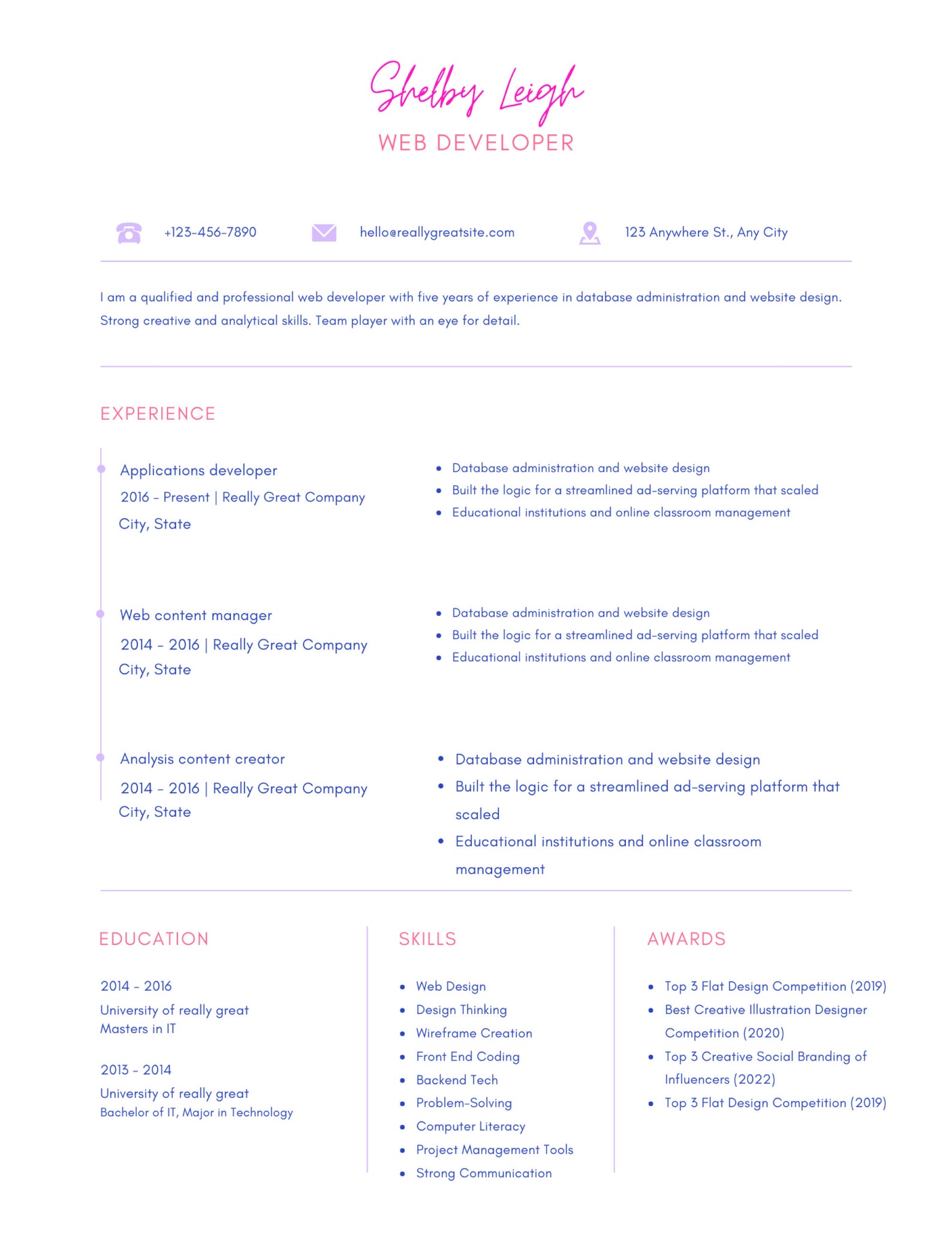 Hot Pink and Purple 80's Themed Minimalist Resume Template - Etsy