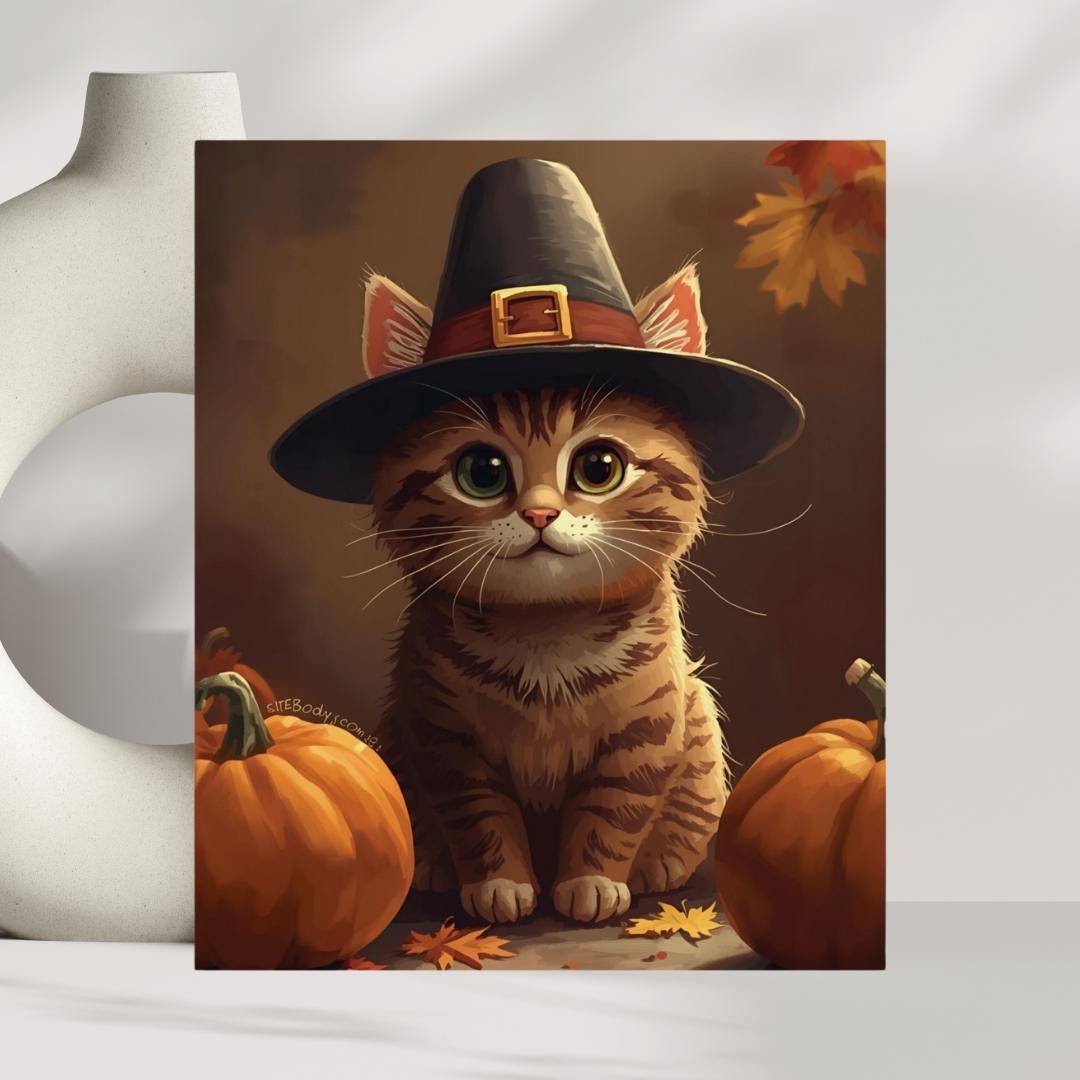 Cat in Pilgrim Hat Art Print: Thanksgiving Fall Decor - Etsy
