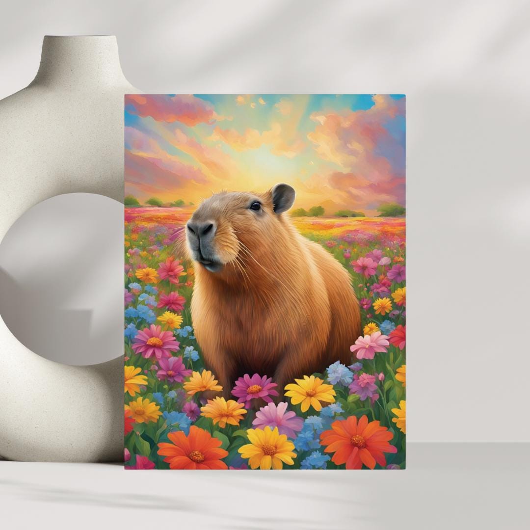 Capybara Art Print, Cute Animal & Flowers Wall Art, Wildlife Home Decor ...