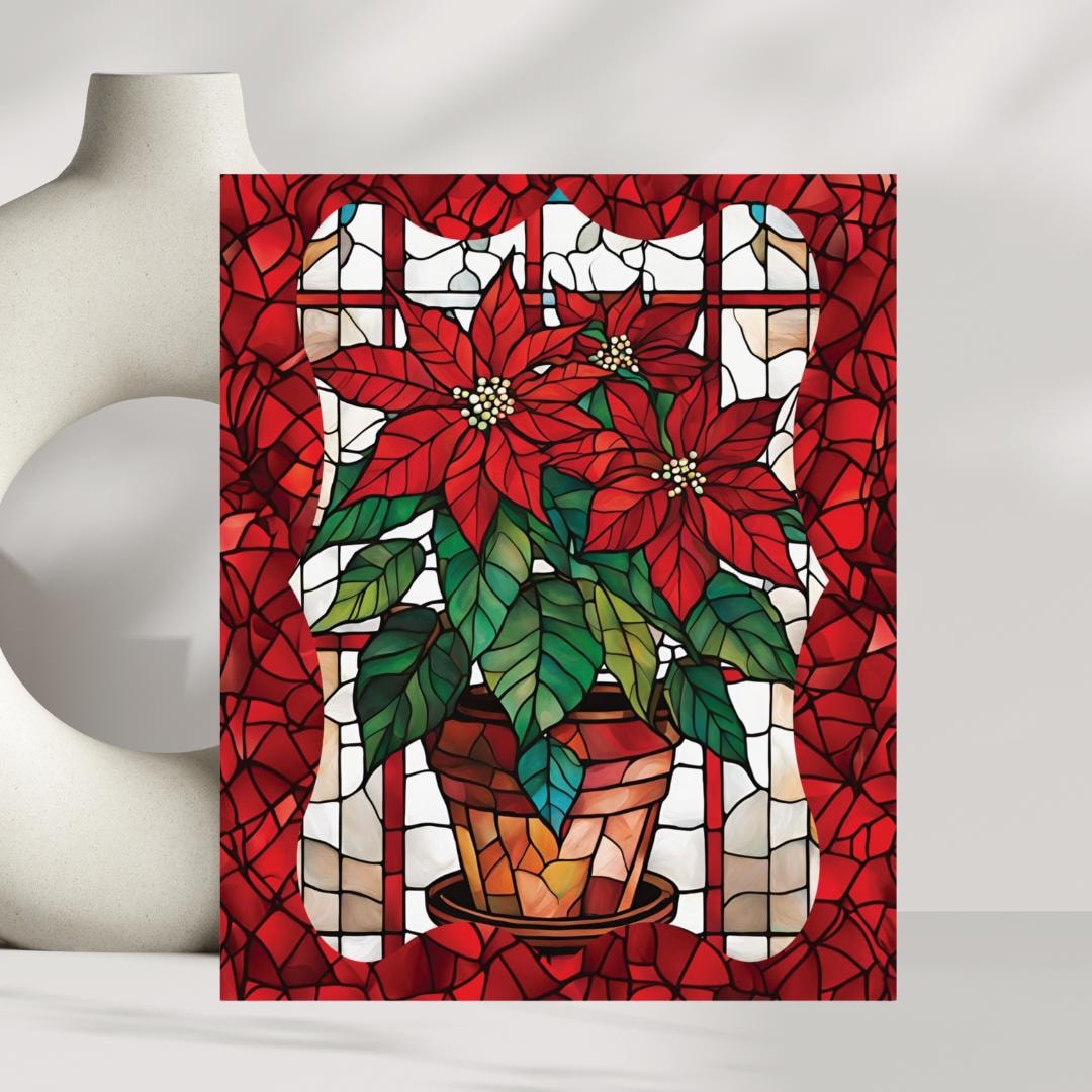 Stained Glass Poinsettia Art Print, Christmas Poster, Matte Vertical ...