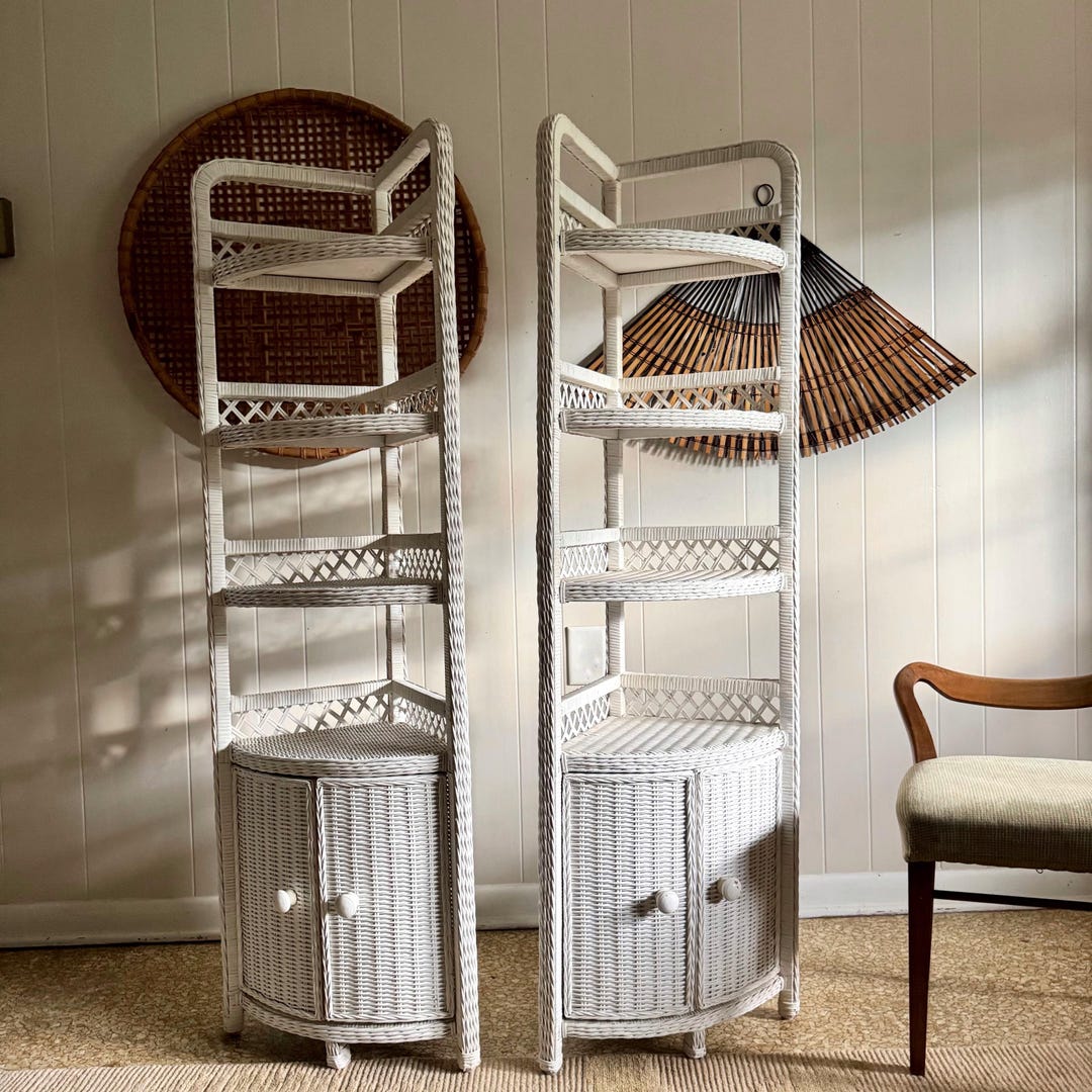 Pair of Vintage White Wicker Corner Shelves – Boho Coastal Decor With ...