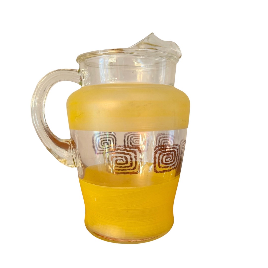 Vintage Frosted Yellow Glass Pitcher With Gold Greek Spiral Pattern ...