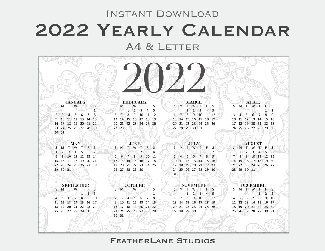 2022 Year Calendar Printable - Ginger Print, Yearly Wall Calendar, Desk ...