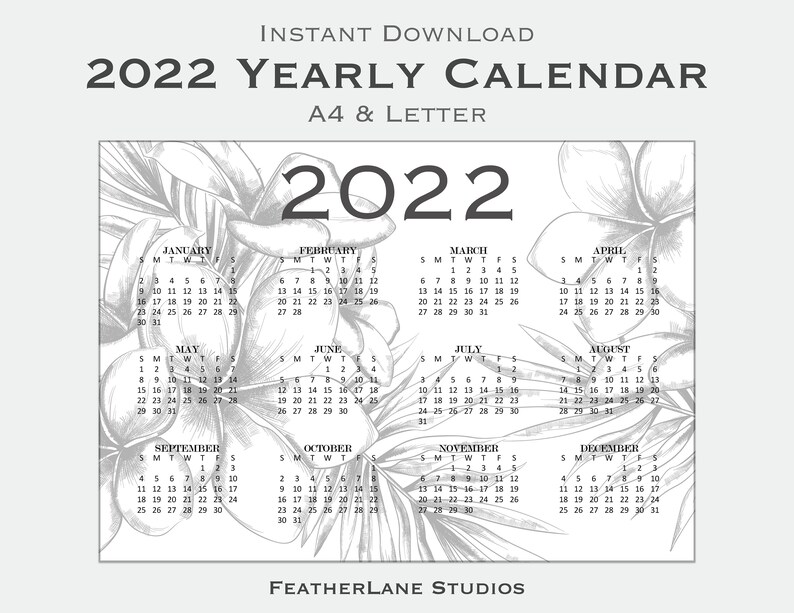 2022 Year Calendar Printable - Tropical Flowers Print, Yearly Wall ...