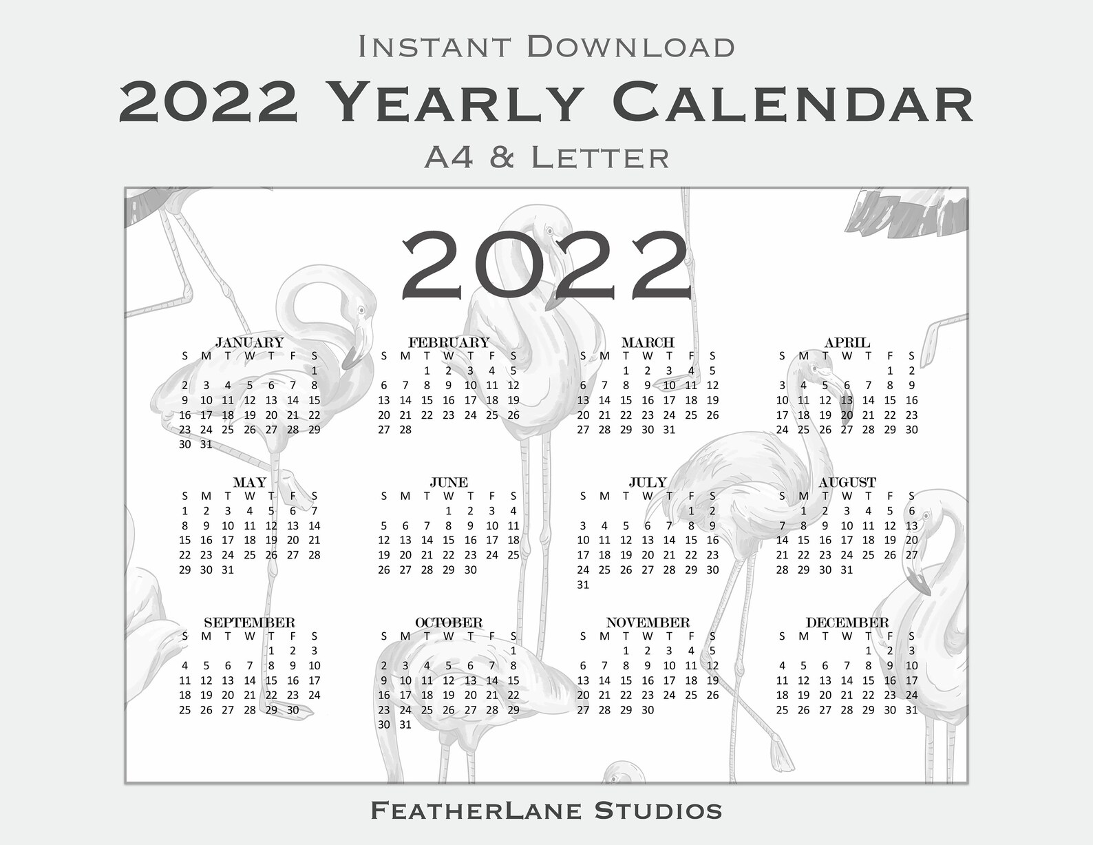 2022 Year Calendar Printable - Fancy Flamingo Print, Yearly Wall ...