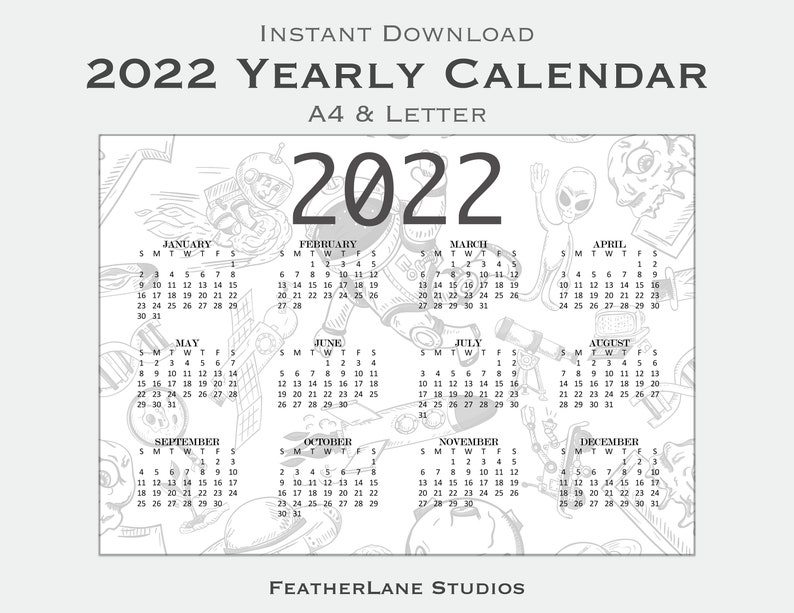 2022 Year Calendar Printable - Space Print, Yearly Wall Calendar, Desk ...