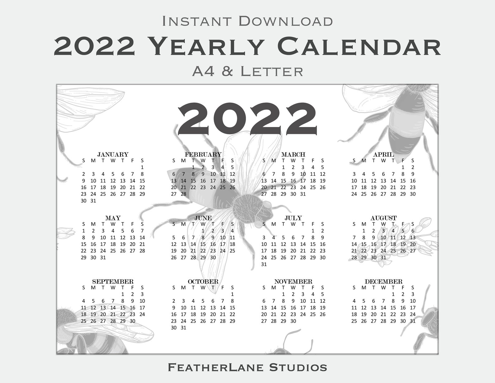 2022 Year Calendar Printable - Bee Print, Yearly Wall Calendar, Desk ...