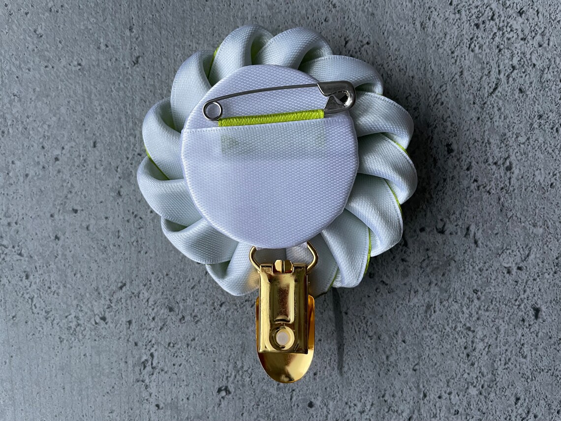 Dog Show Number Clip / Lime Green and Gold Satin Ribbon Brooch Clip ...