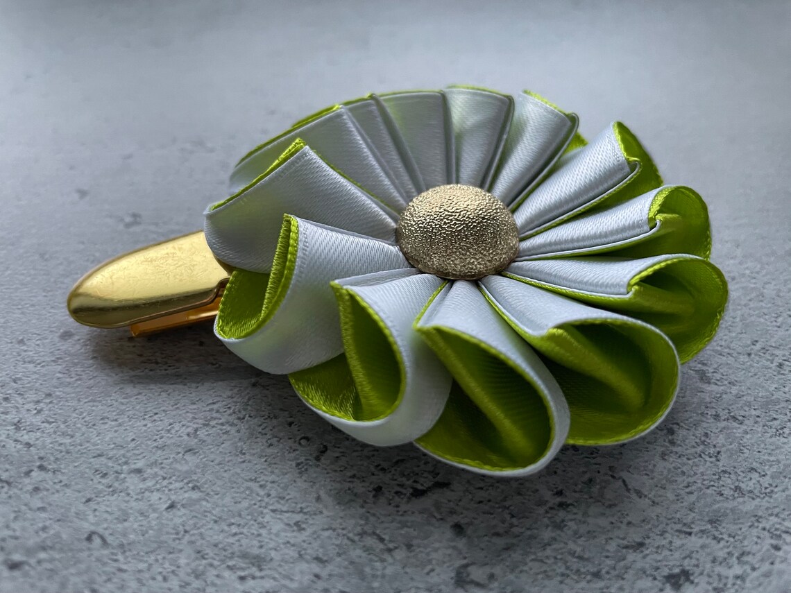 Dog Show Number Clip / Lime Green and Gold Satin Ribbon Brooch Clip ...