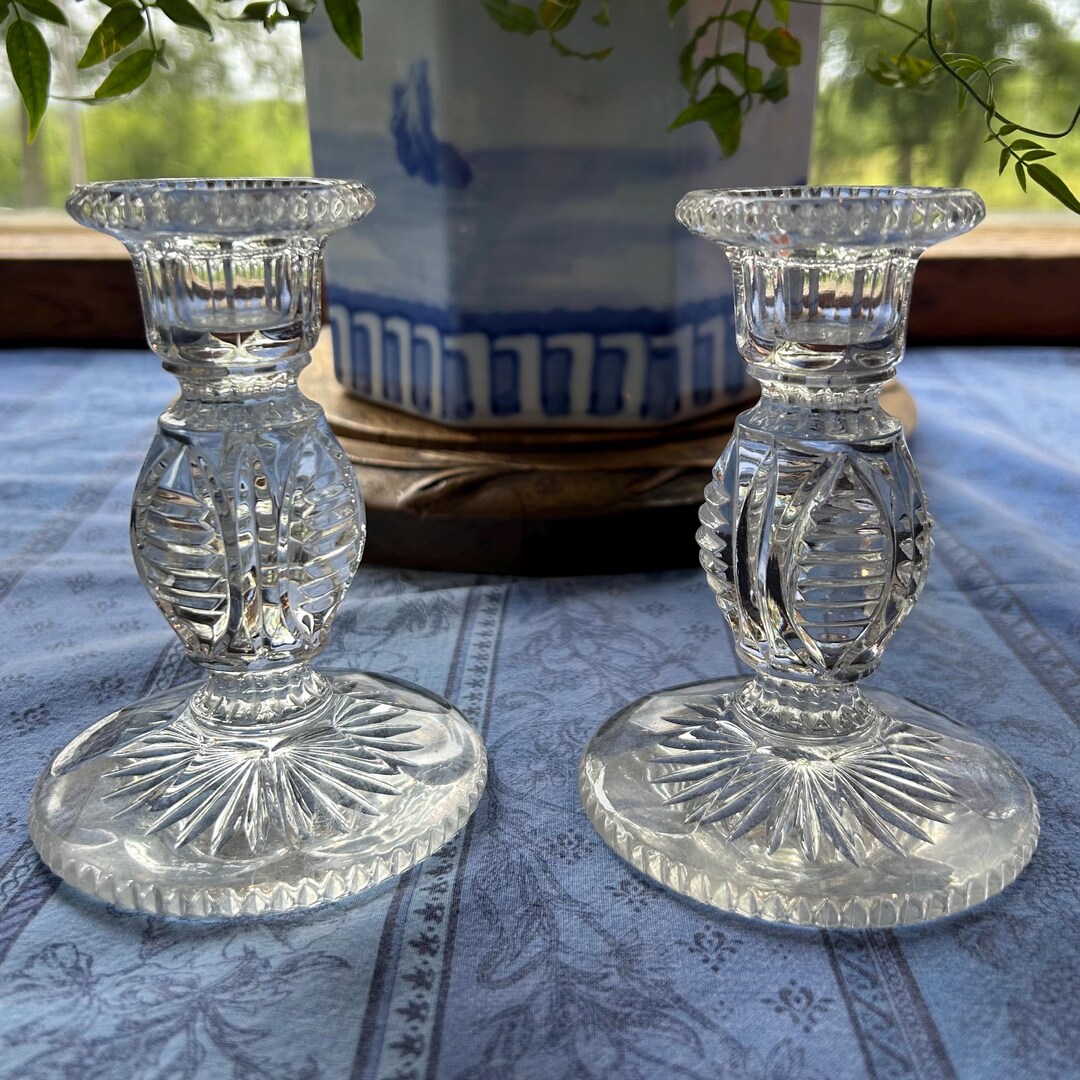 Pair of Vintage Cut Glass Candlesticks - Etsy