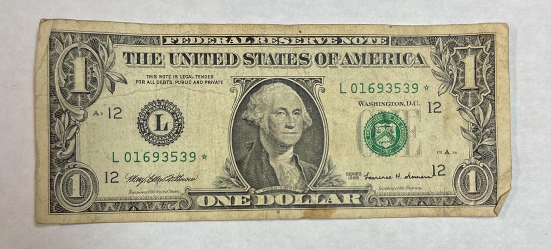 1999 A 1 Dollar Star Note, 1999 A One Dollar Star Note Federal Reserve ...