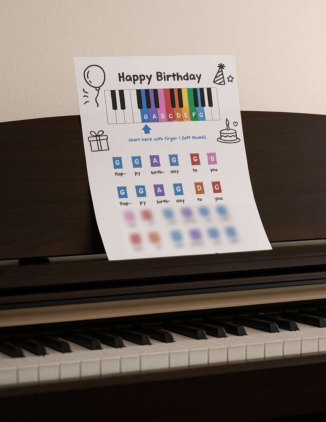 Happy Birthday Color Coded Piano Sheet Music for Kids | Printable PDF ...