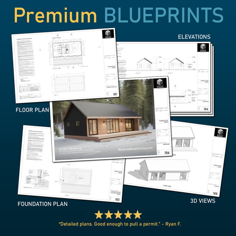 Modern Alpine Cabin, 40’ X 24’, 960 SF, 3 Bedroom Architectural Drawings Blueprints, ADU ...