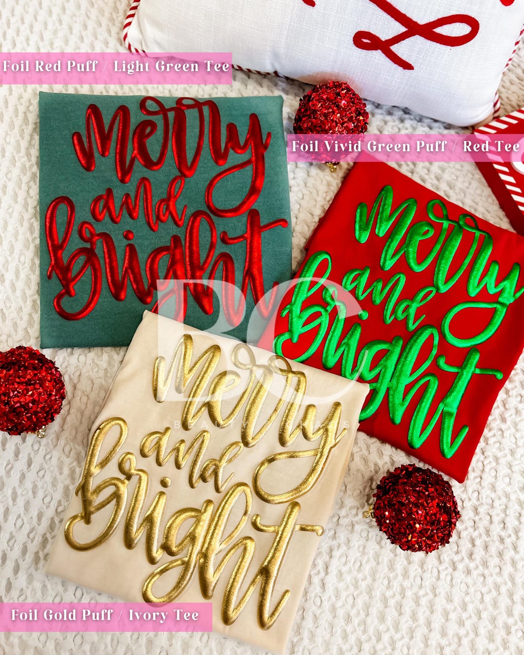 Christmas Merry & Bright Puff T-shirt, Green Red Happy Holidays ...