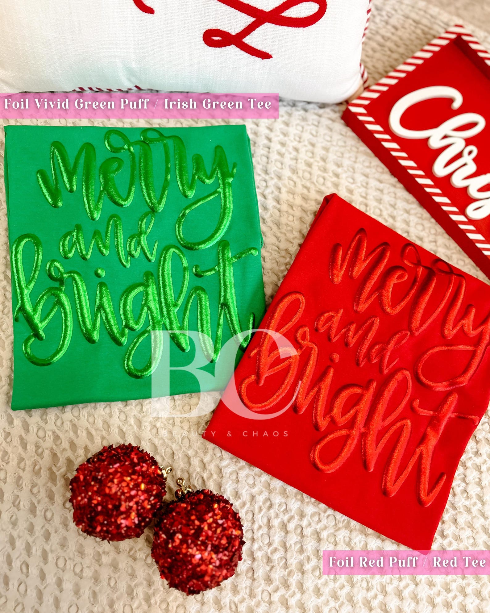 Christmas Merry & Bright Puff Gildan T-shirt, Green Red Happy Holidays ...