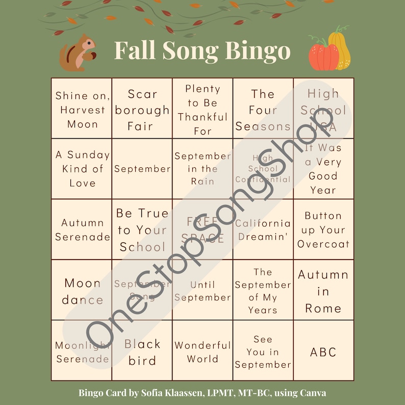 Fall Song Bingo - Etsy