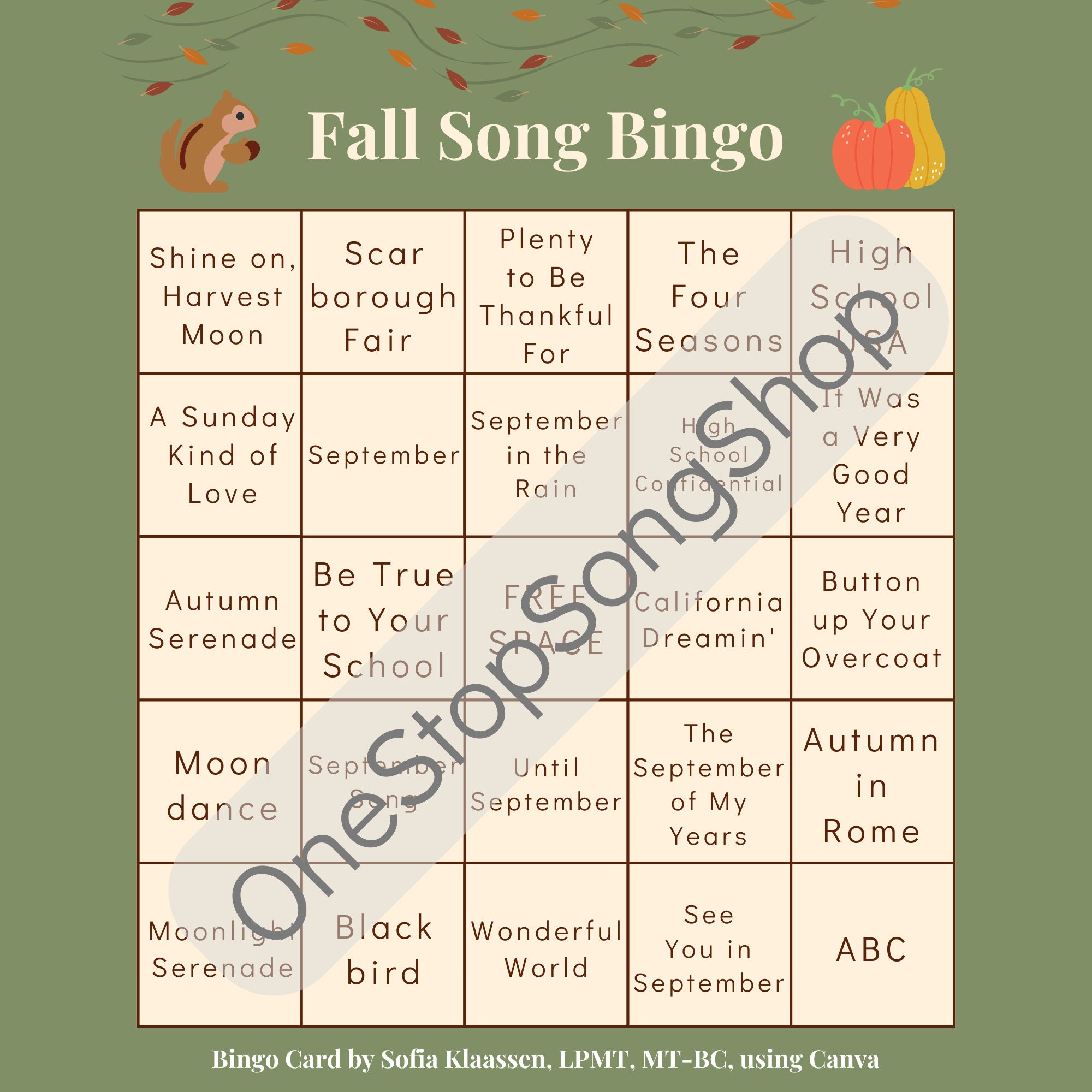 Fall Song Bingo - Etsy