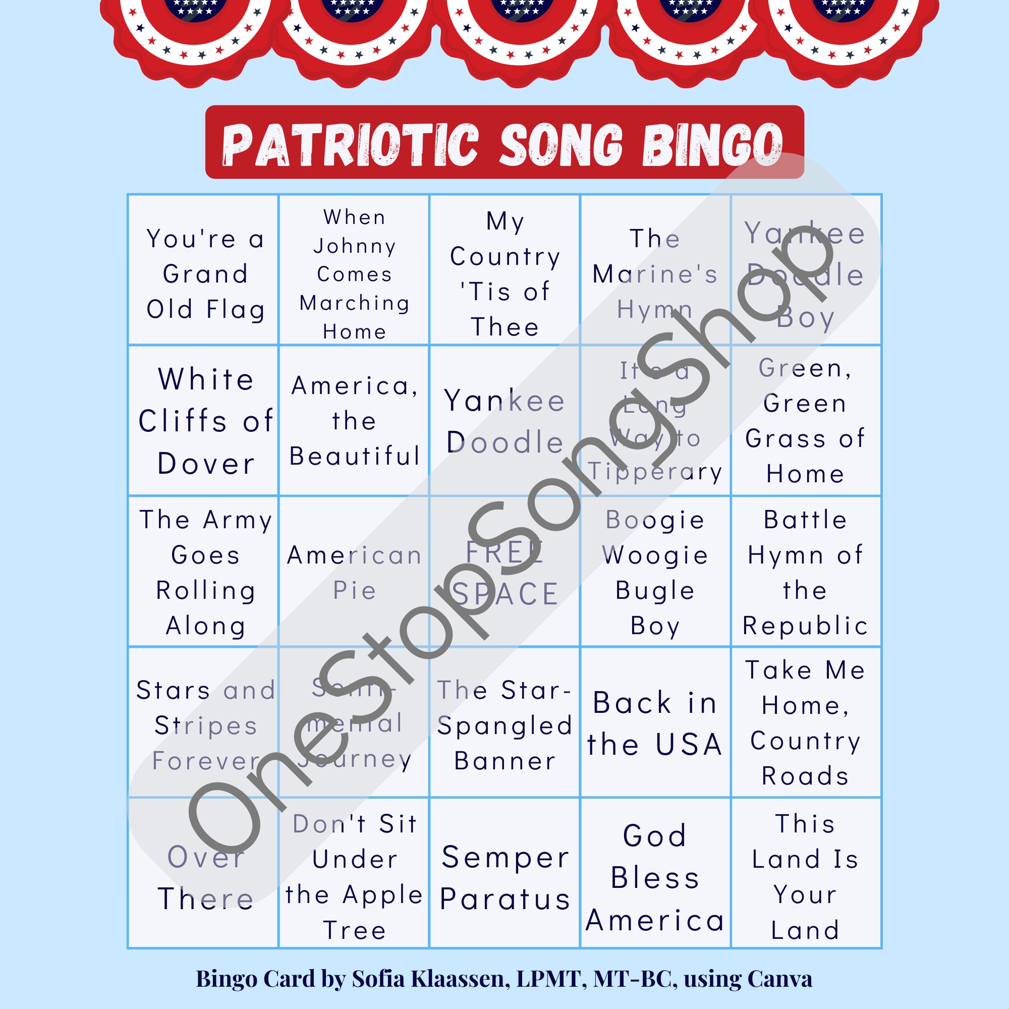 Patriotic Song Bingo - Etsy