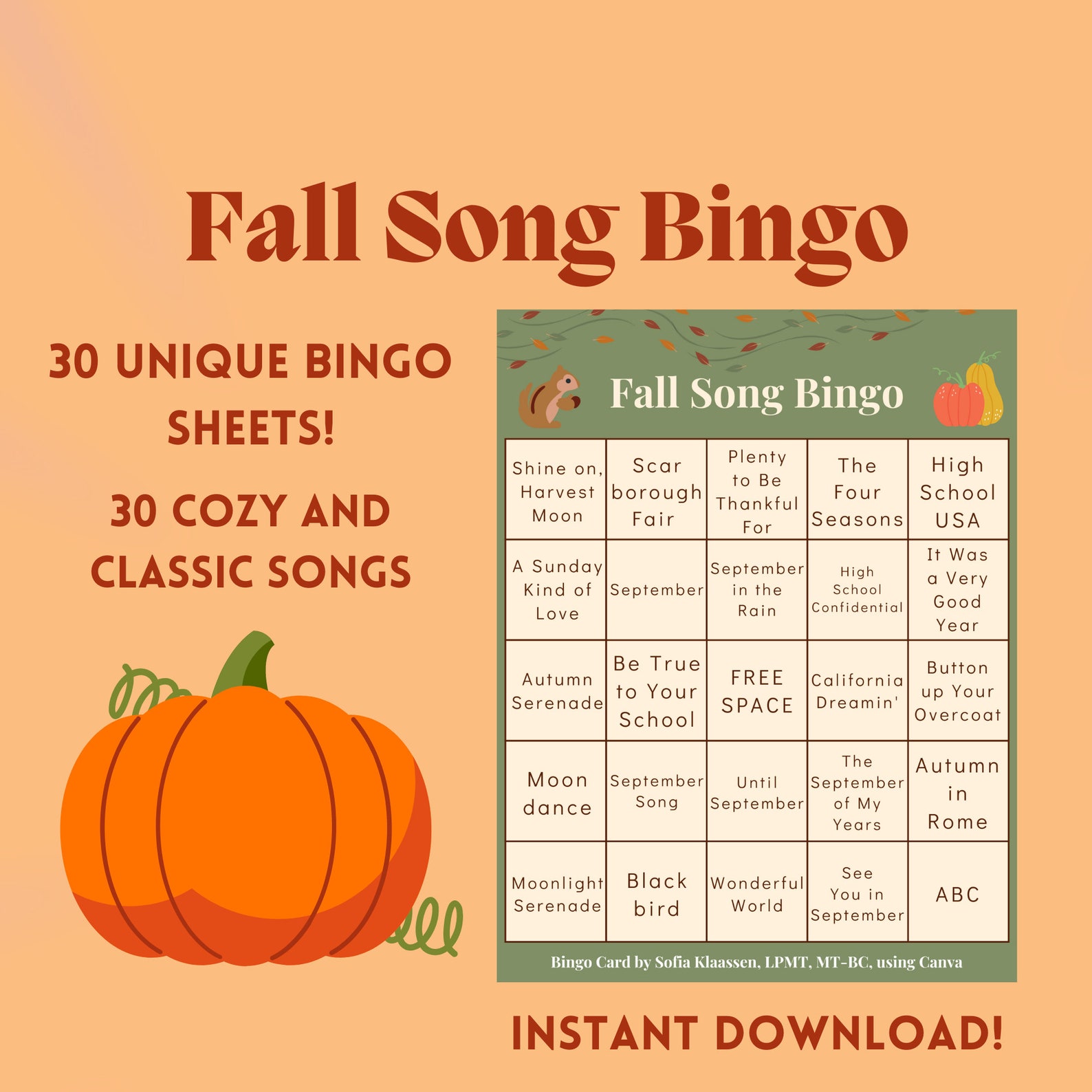 Fall Song Bingo - Etsy