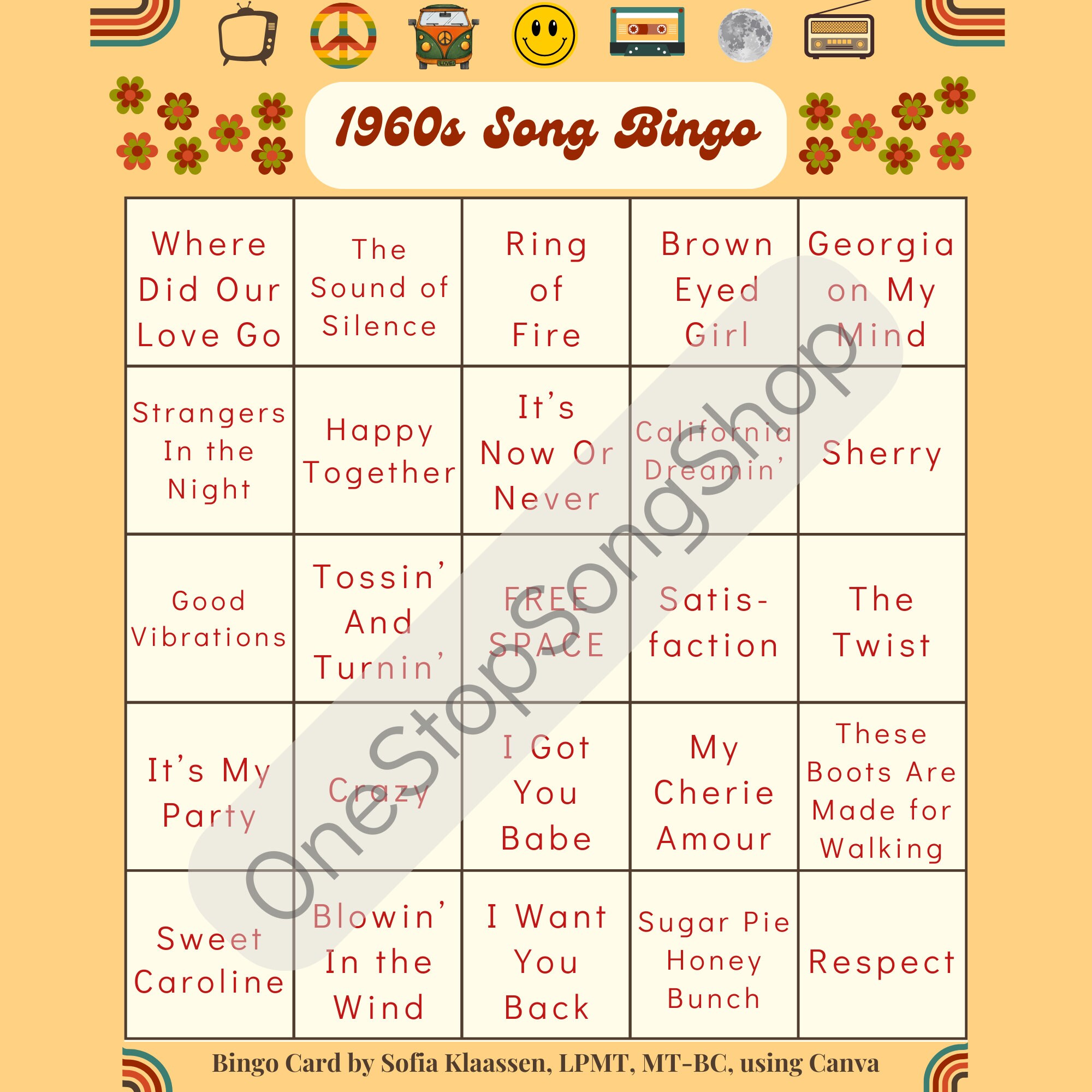 1960s Song Bingo - Etsy