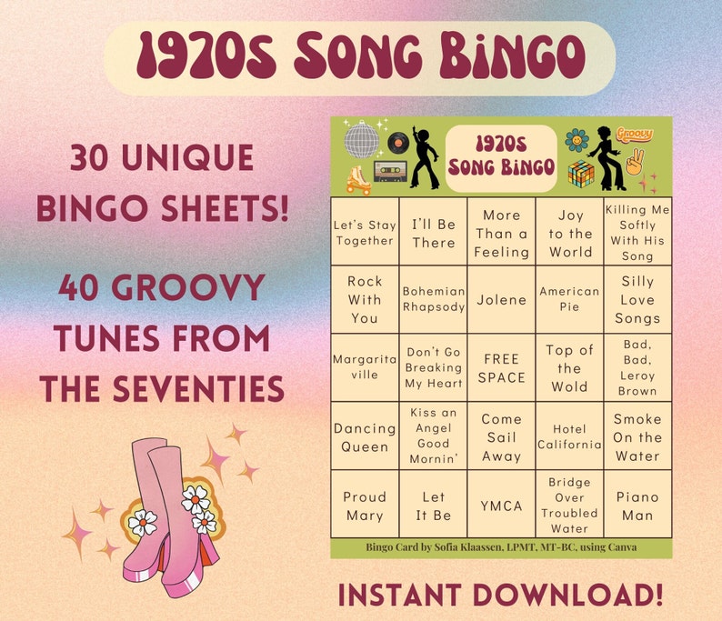 1970s Song Bingo - Etsy