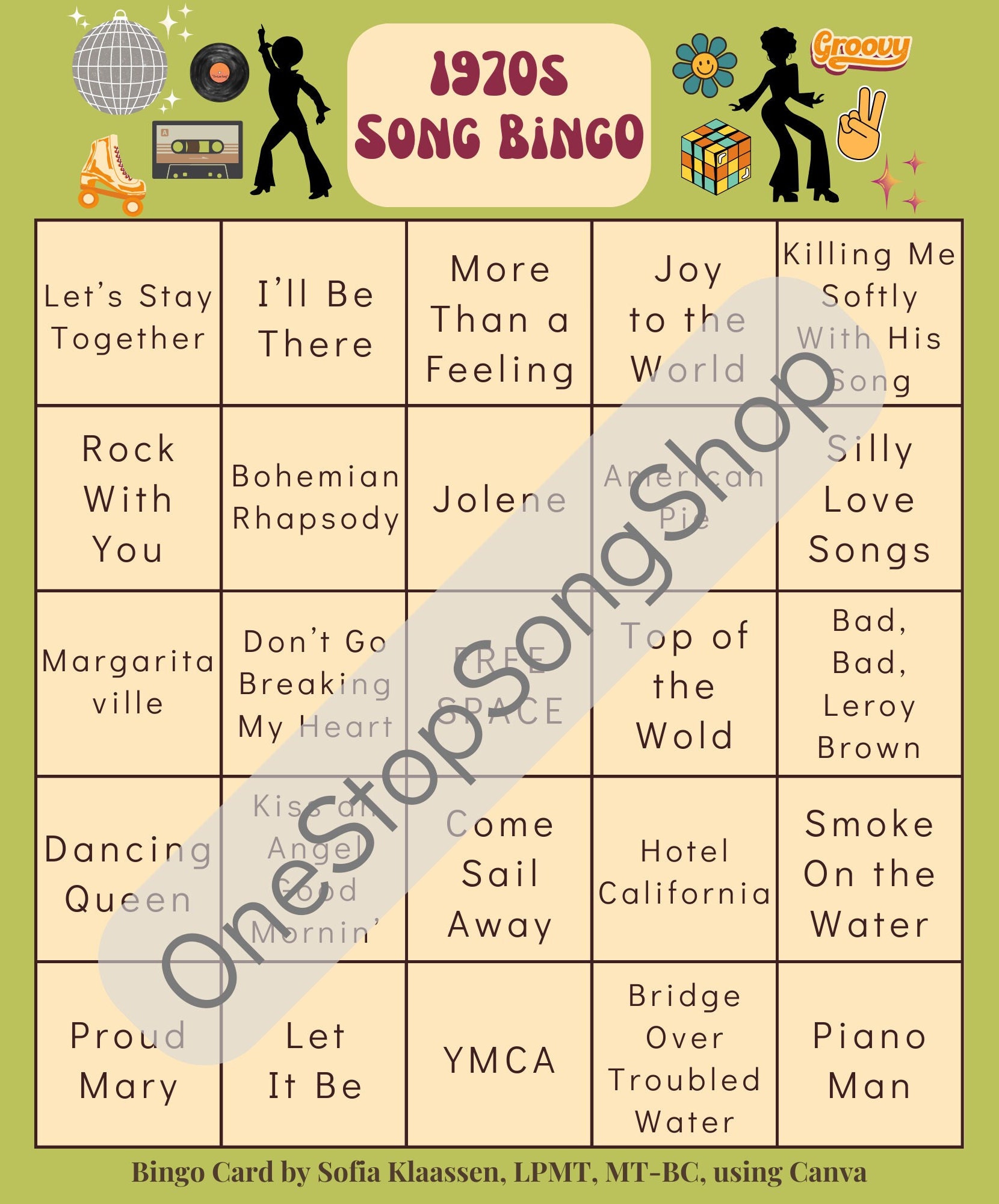1970s Song Bingo - Etsy