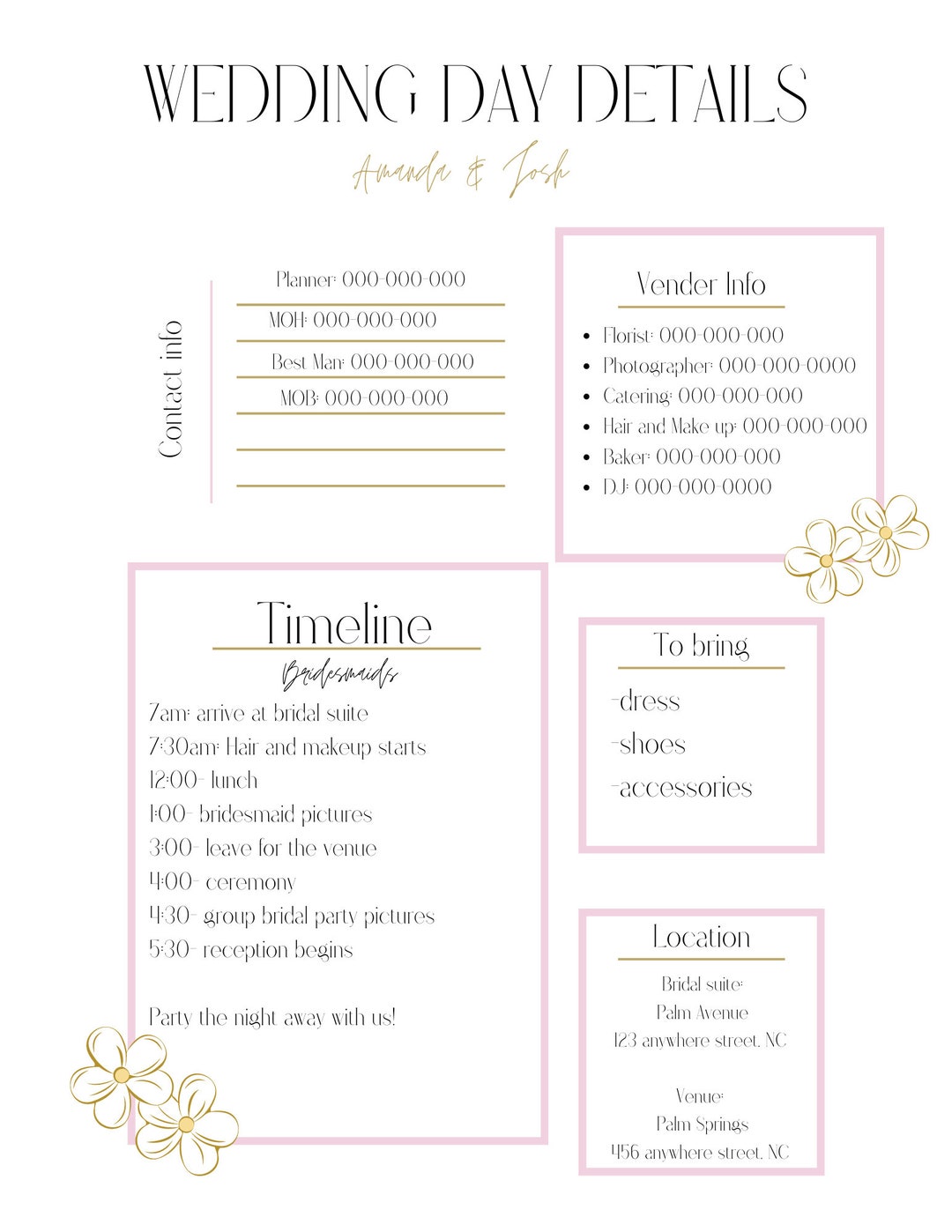Wedding Day Details Template | Wedding Party Timeline | Wedding Day ...