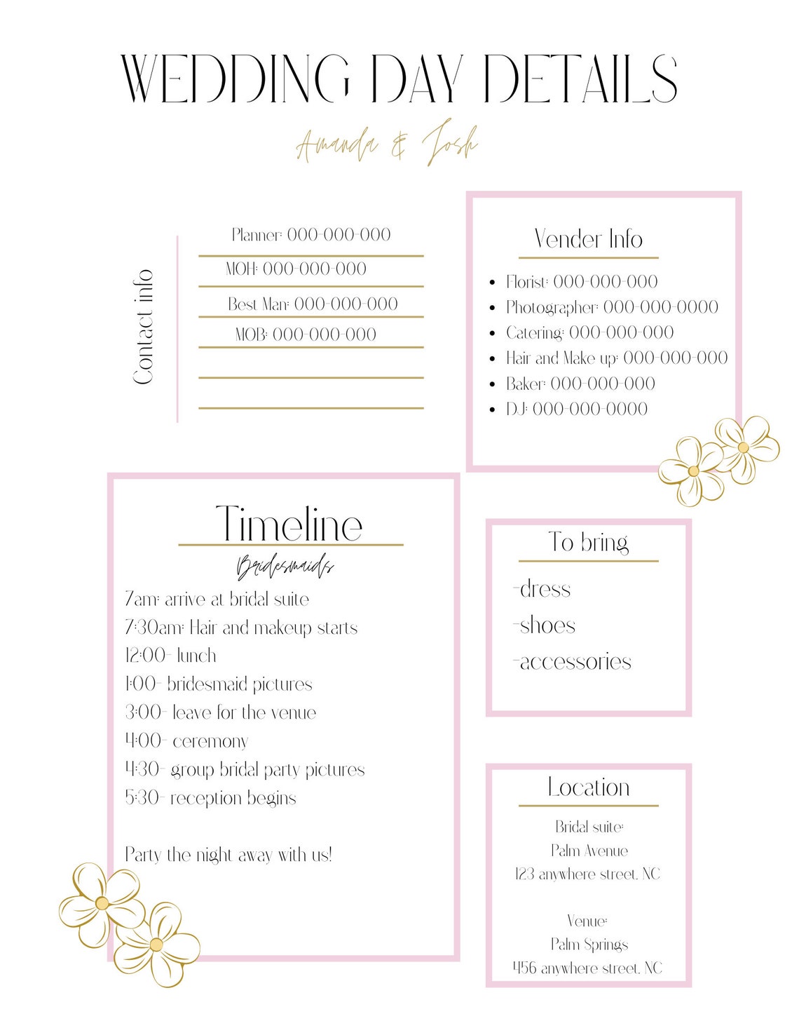 Wedding Day Details Template | Wedding Party Timeline | Wedding Day ...