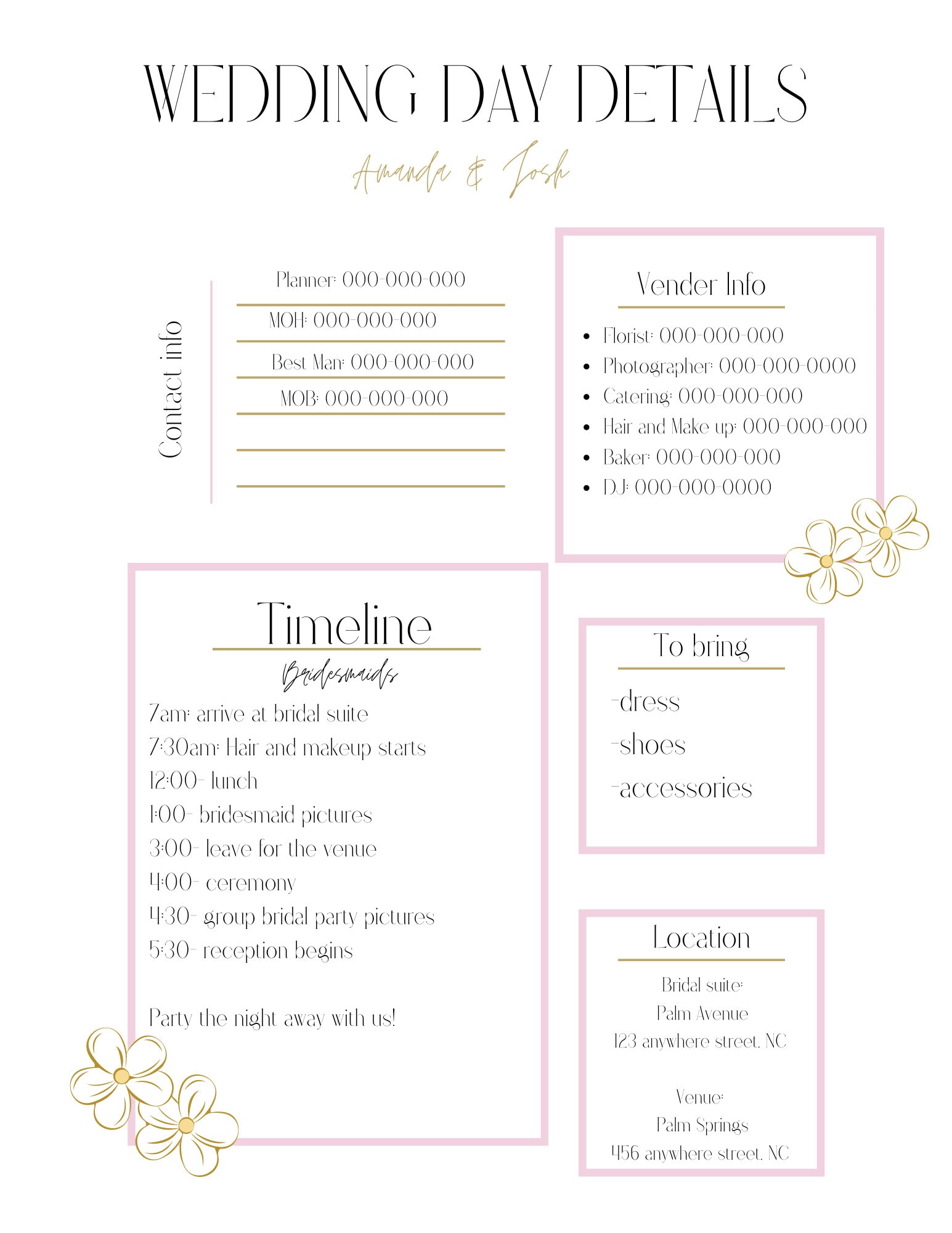 Wedding Day Details Template | Wedding Party Timeline | Wedding Day ...