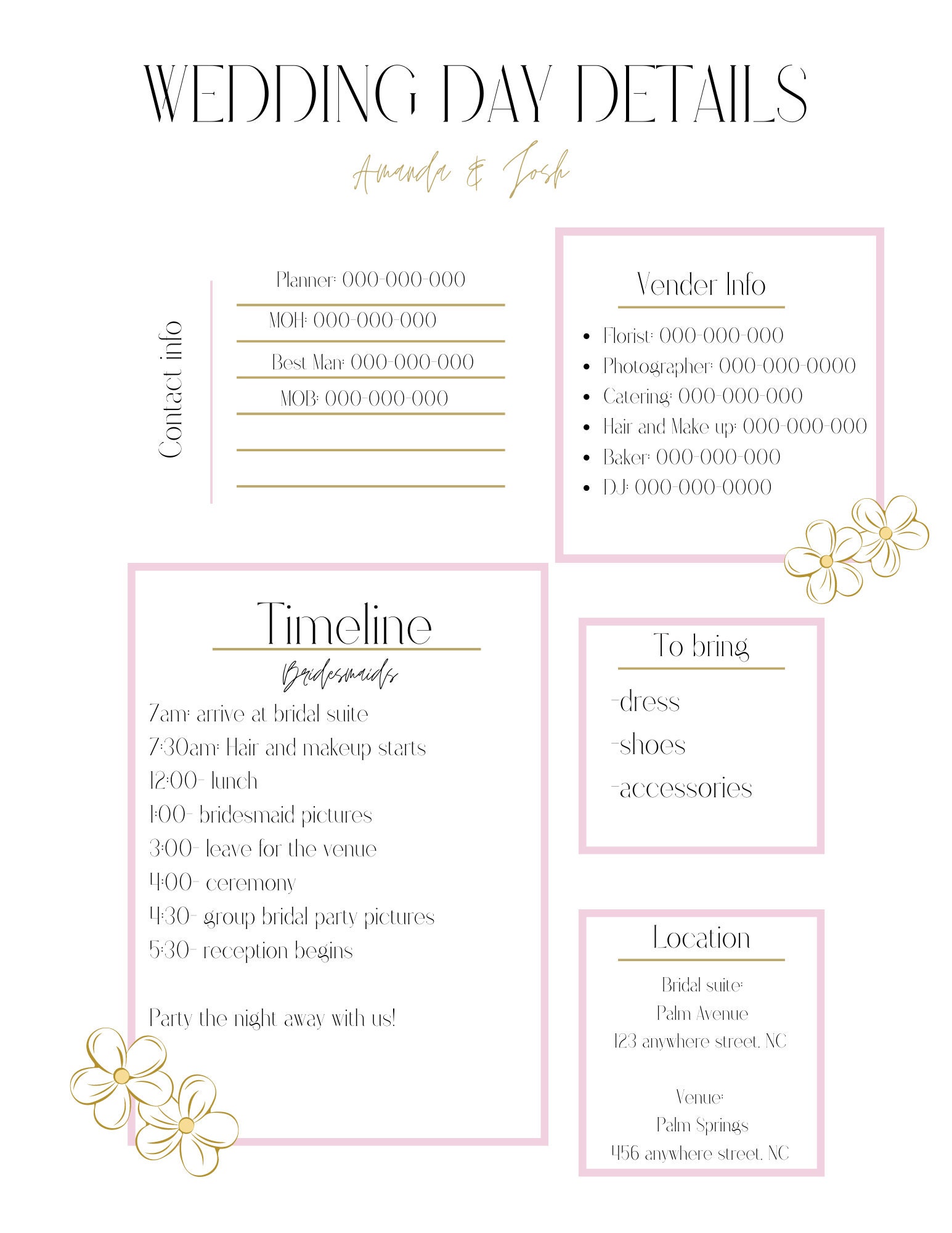 Wedding Day Details Template | Wedding Party Timeline | Wedding Day ...