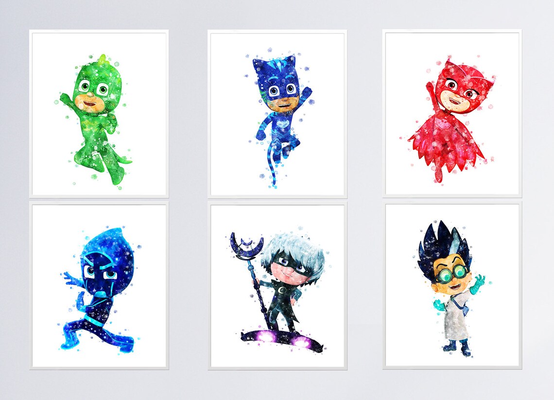 Pj Masks Set of 6 Art Print Pj Masks Watercolor Poster Pj | Etsy