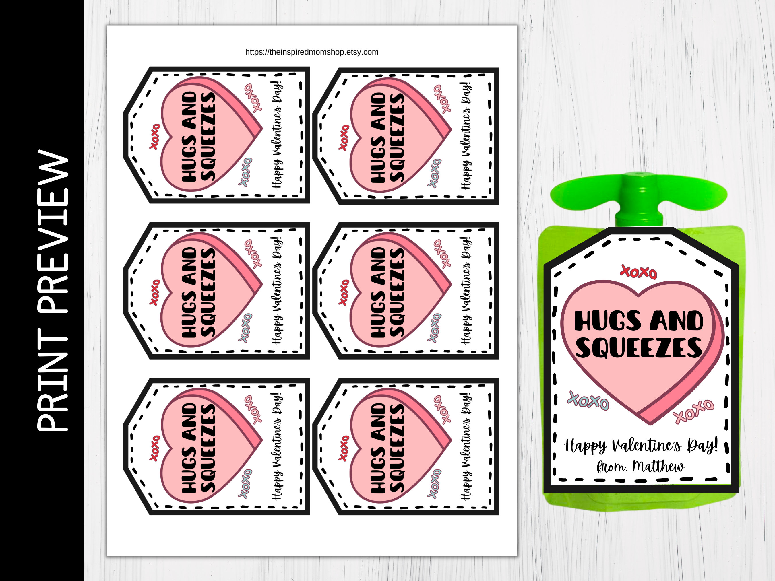 Printable Squeeze Pouch Valentine's Day Tag: Hugs and Squeezes (instant ...