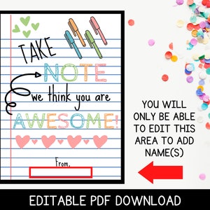 Printable Employee Teacher Appreciation Gift Tag, Take Note You Are ...