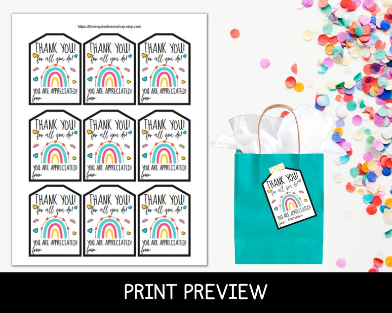 Rainbow Thank You Gift Tag: Employee/teacher Appreciation (editable PDF ...