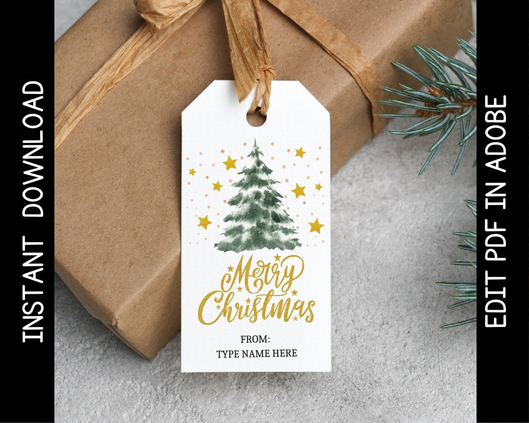 Printable Christmas Tree Gift Tag, Editable Holiday Gift Tag, Gold ...