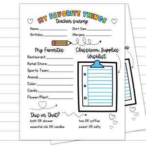 Teacher Favorite Things Survey Printable Teacher - Etsy