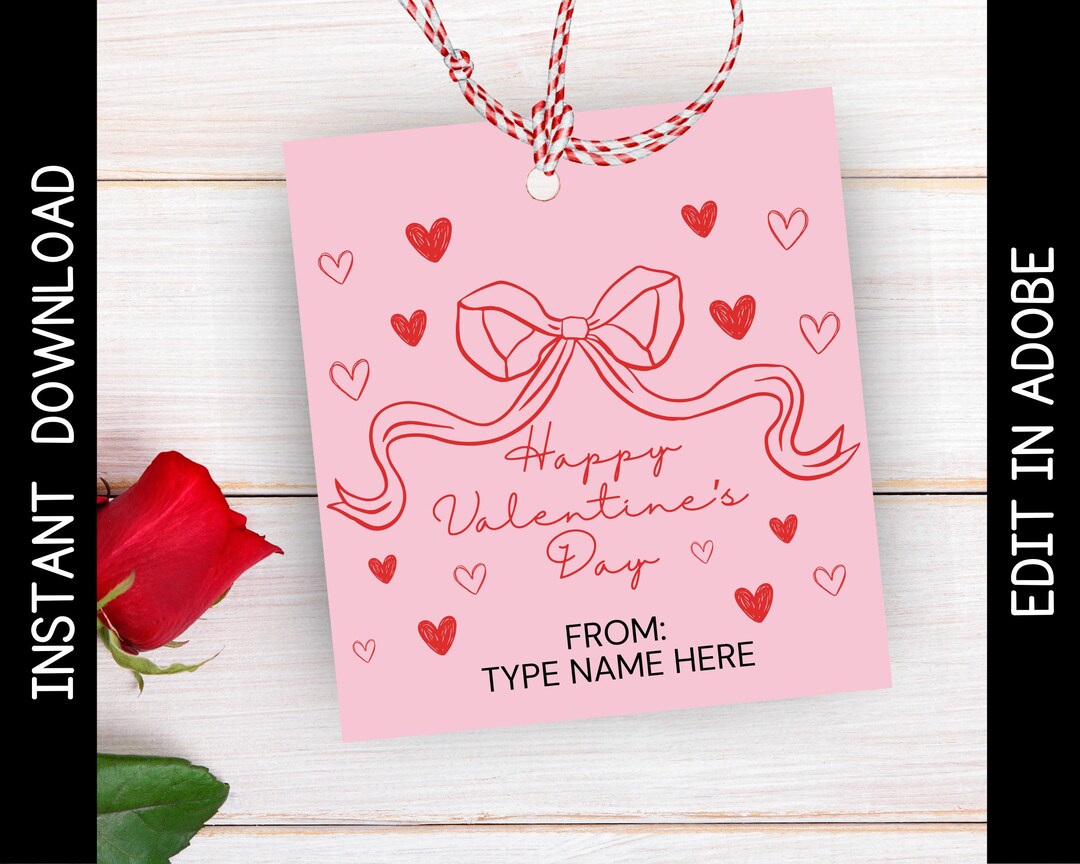 Printable Valentine's Day Pink Bow Gift Tags, Valentine's Day Bow Tag ...