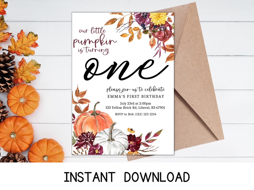 Pumpkin First Birthday Invitation, Our Little Pumpkin is One, First ...