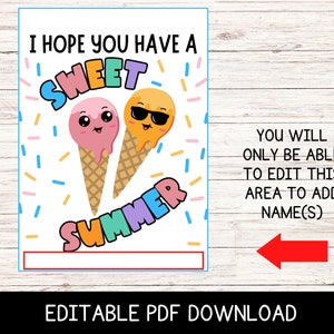 Ice Cream Summer Gift Tag: Editable Student Gift (PDF Download) - Etsy