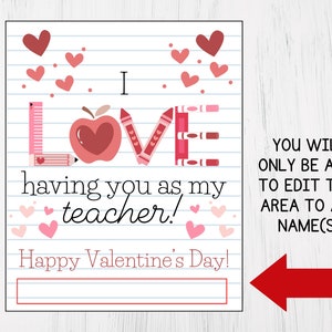 Printable Valentine's Day Tag for Teacher, I Love Having You as My ...