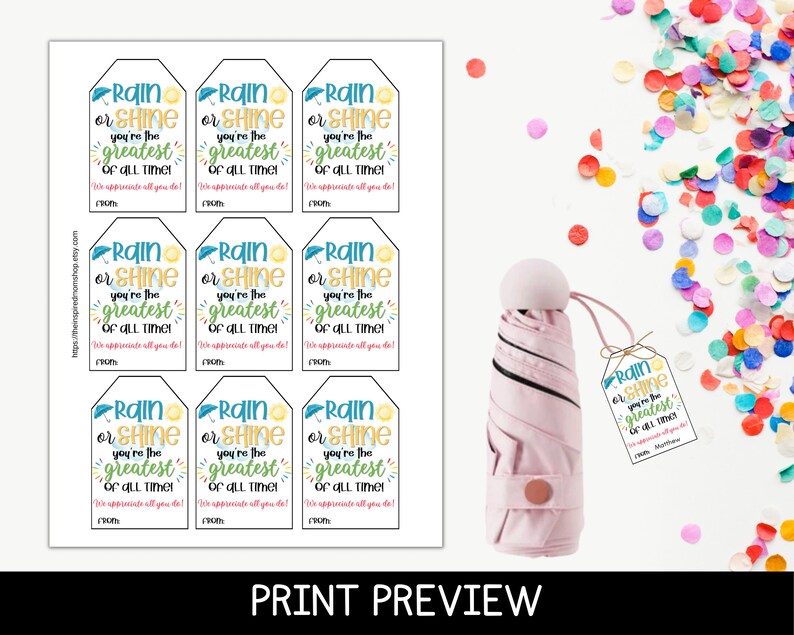 Teacher Appreciation Umbrella Gift Tag: Rain or Shine Printable ...
