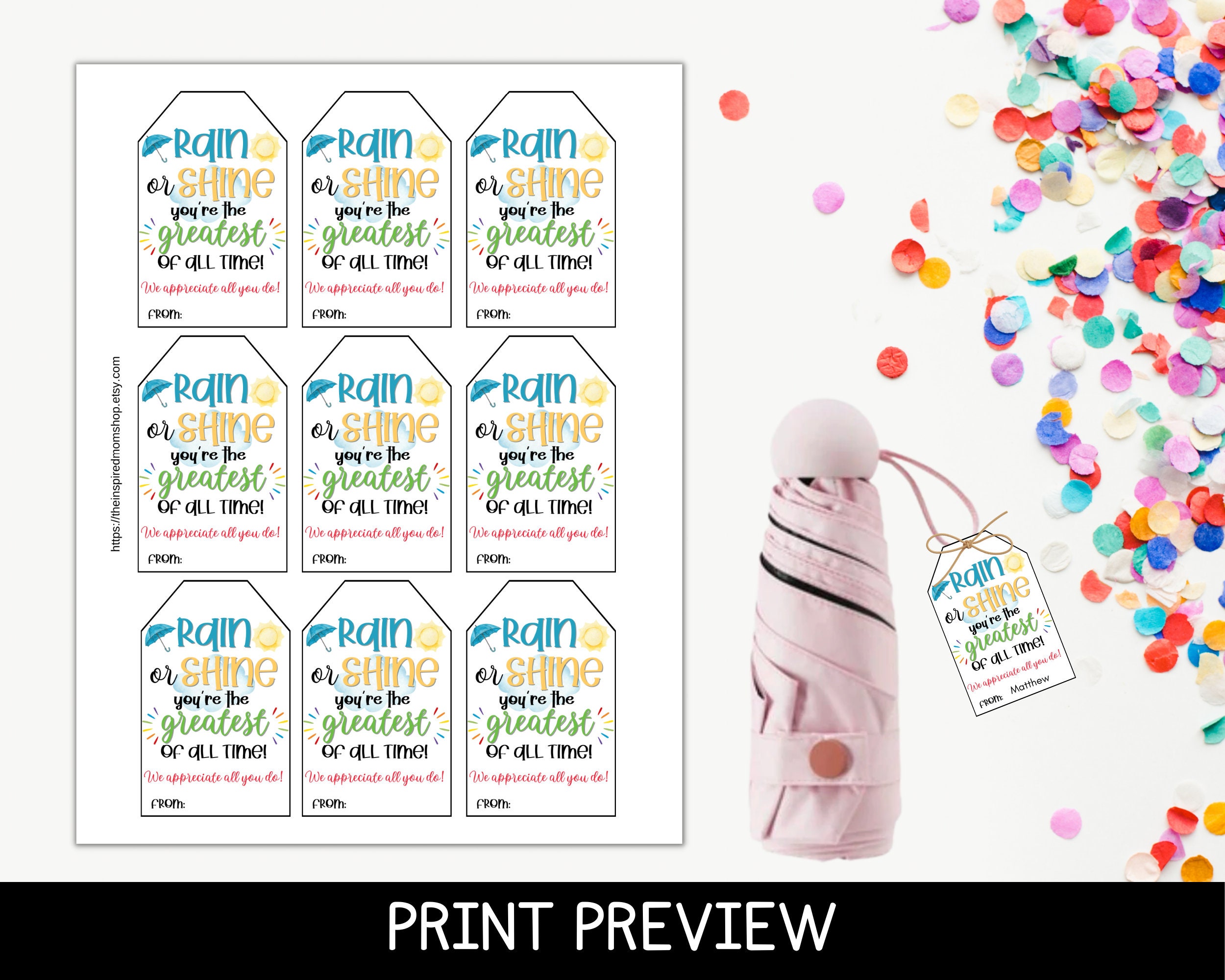 Teacher Appreciation Umbrella Gift Tag: Rain or Shine Printable ...