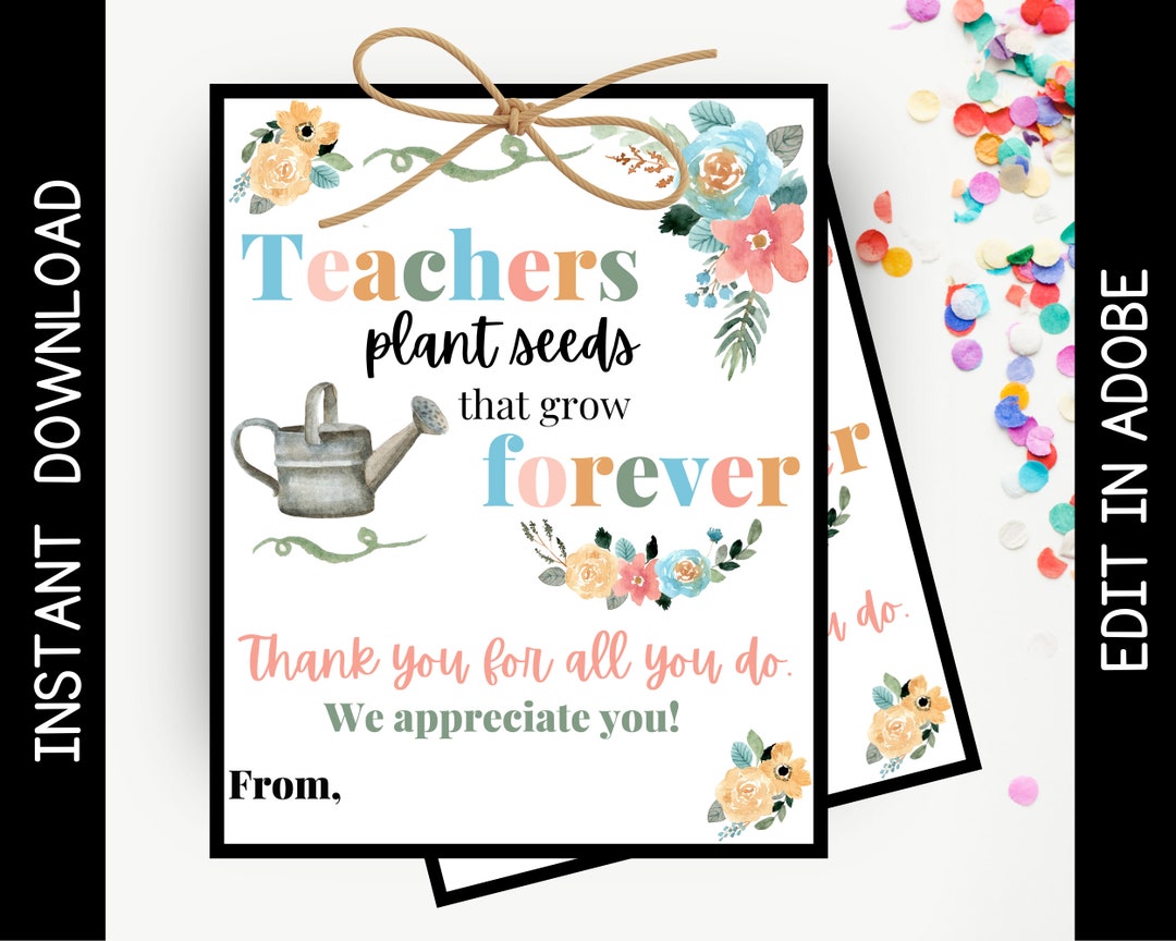 Teacher Appreciation Plant Gift Tag: Editable Floral Design (instant ...