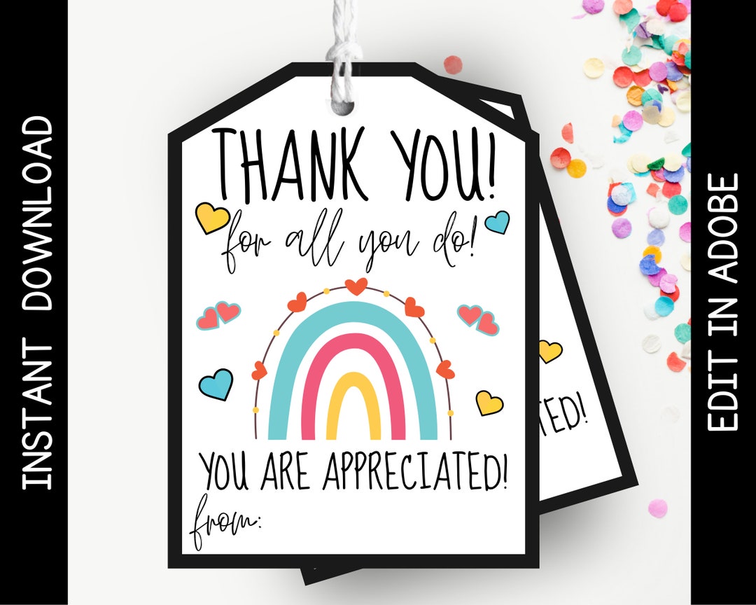 Rainbow Thank You Gift Tag: Employee/teacher Appreciation (editable PDF ...