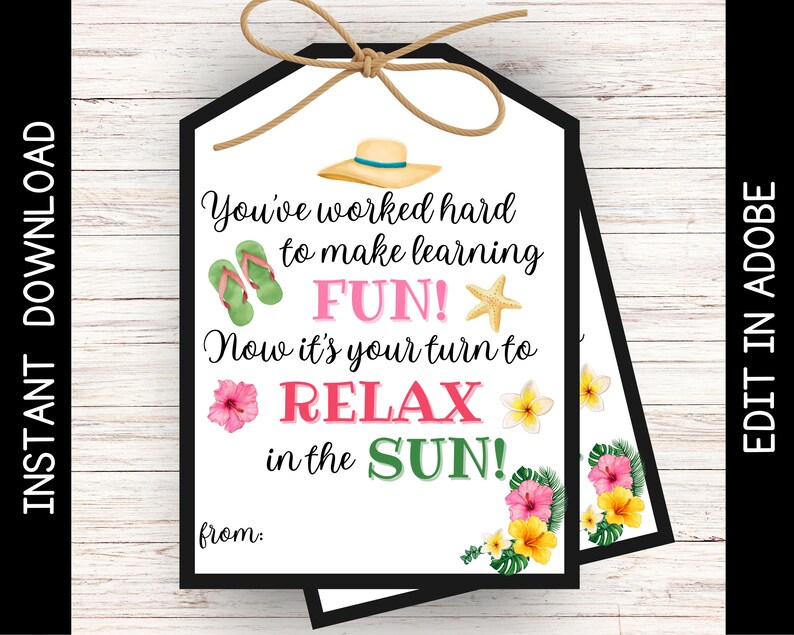 Printable Summer Teacher Gift Tag, Relax in the Sun (instant Download ...