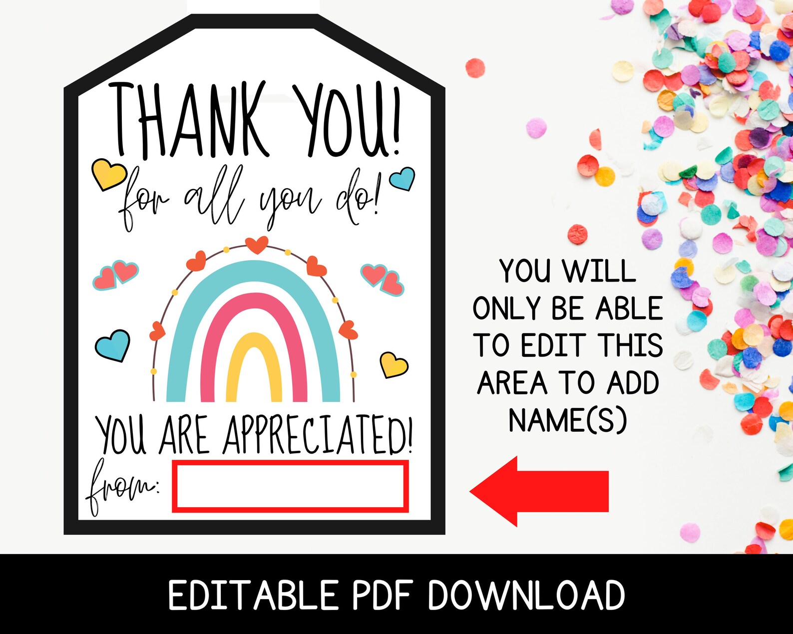 Rainbow Thank You Gift Tag: Employee/teacher Appreciation (editable PDF ...