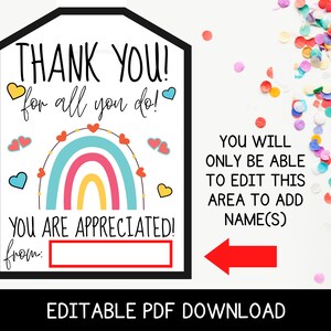 Rainbow Thank You Gift Tag: Employee/teacher Appreciation (editable PDF ...