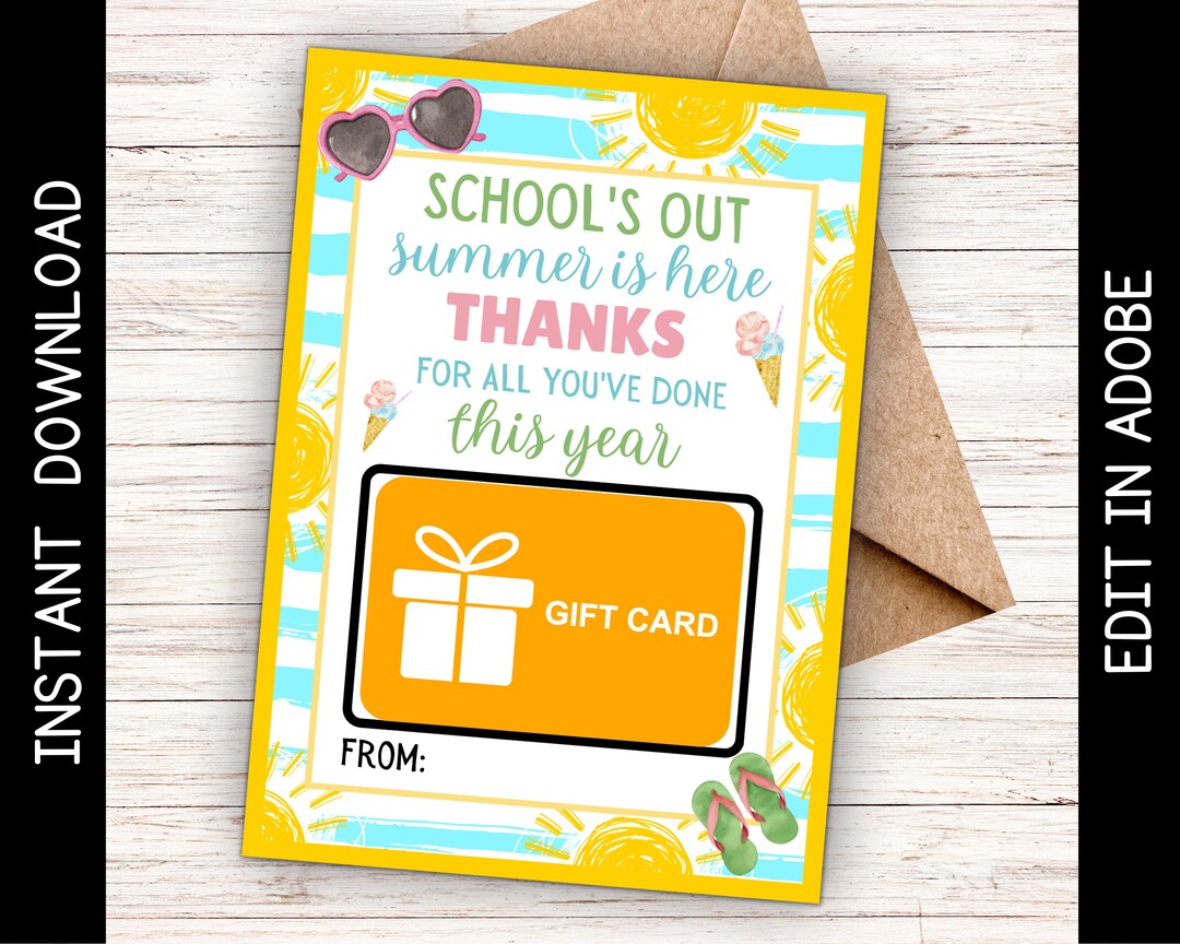 Printable Teacher Gift Card Holder for Summer, End of the School Year ...