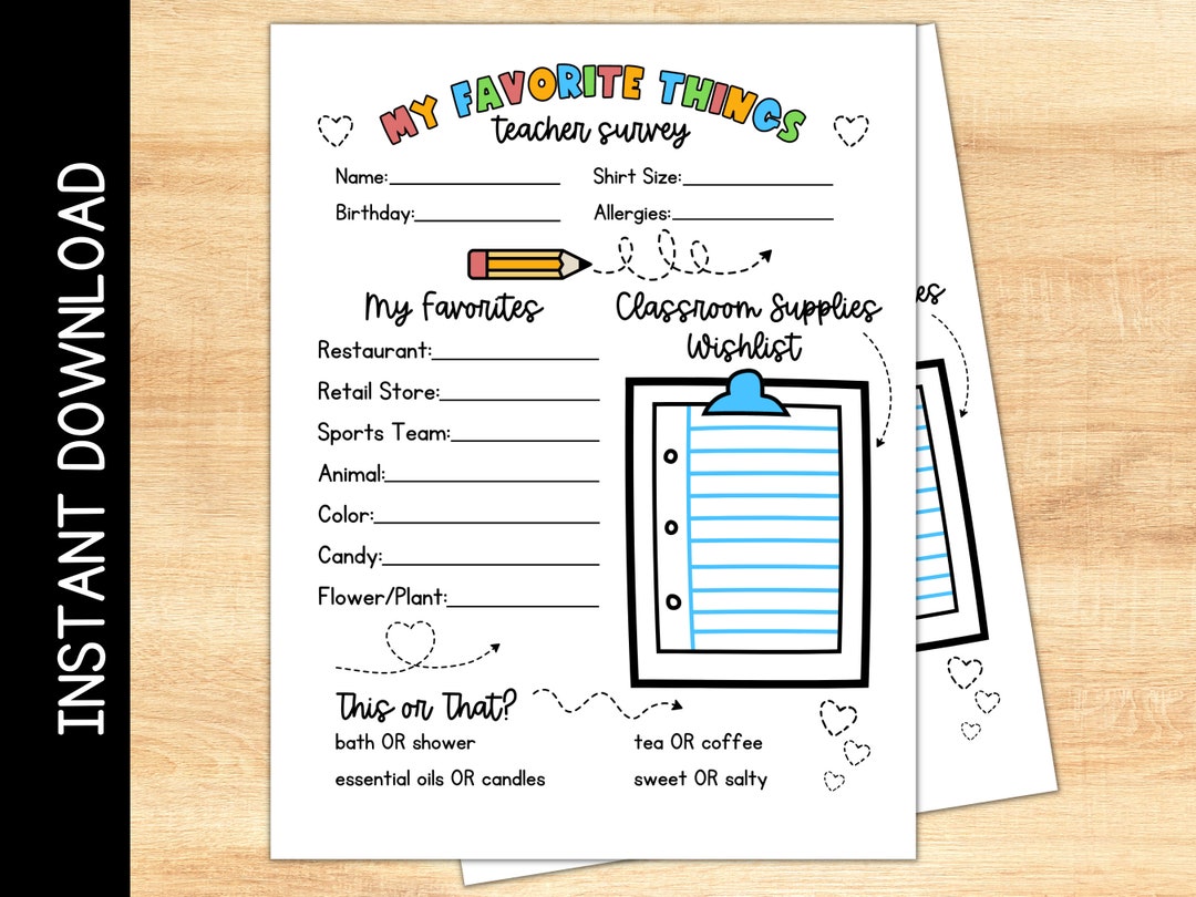 Teacher Favorite Things Survey, Printable Teacher Questionnaire, All ...