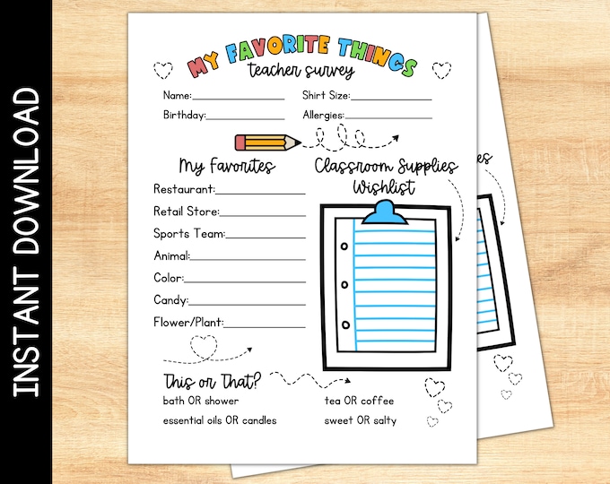 My Teacher's Favorite Things Questionnaire | Printable | Digital ...